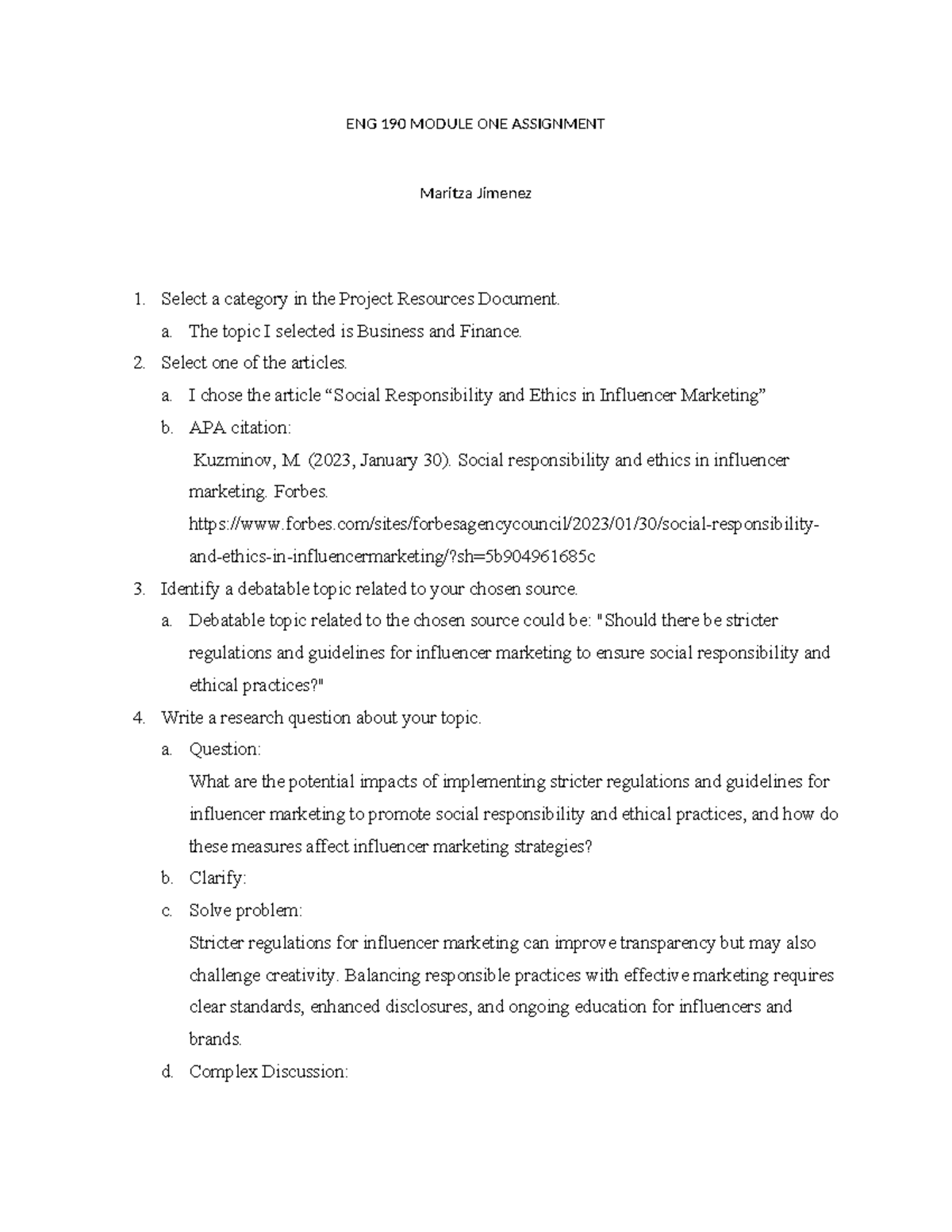 ENG 190 Module 1 Assignment: Ethics in Influencer Marketing Analysis - Studocu