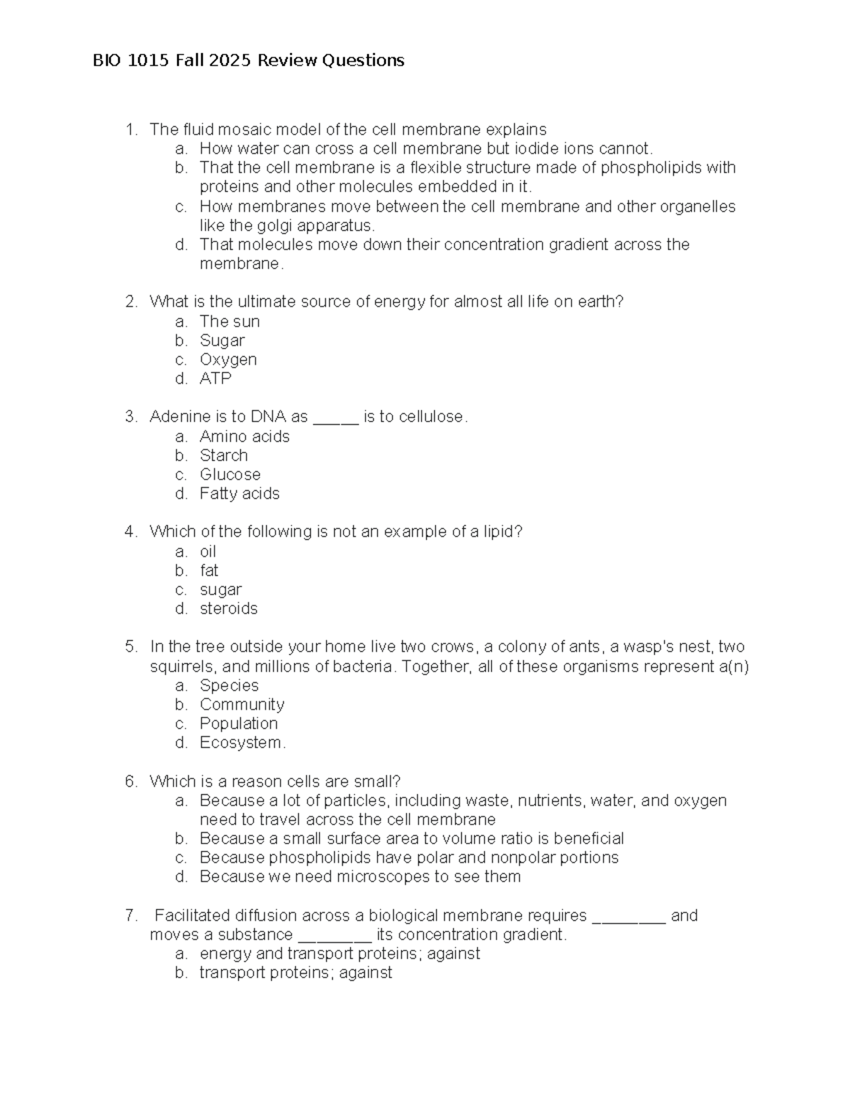 BIO 1015 Fall 2025 Exam 1 Comprehensive Review Questions - Studocu
