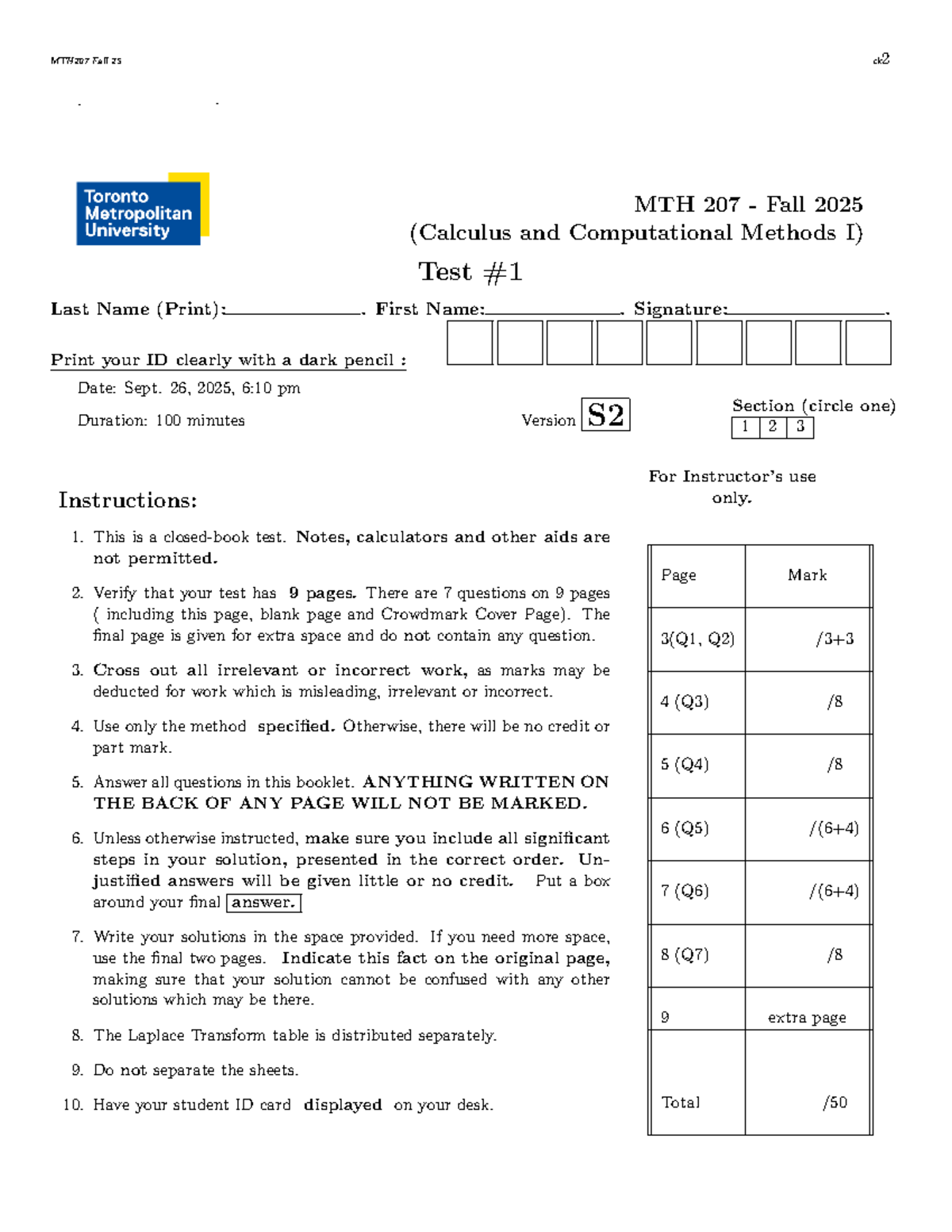 MTH207 Fall 2025 Calculus Test Instructions and Guidelines - Studocu
