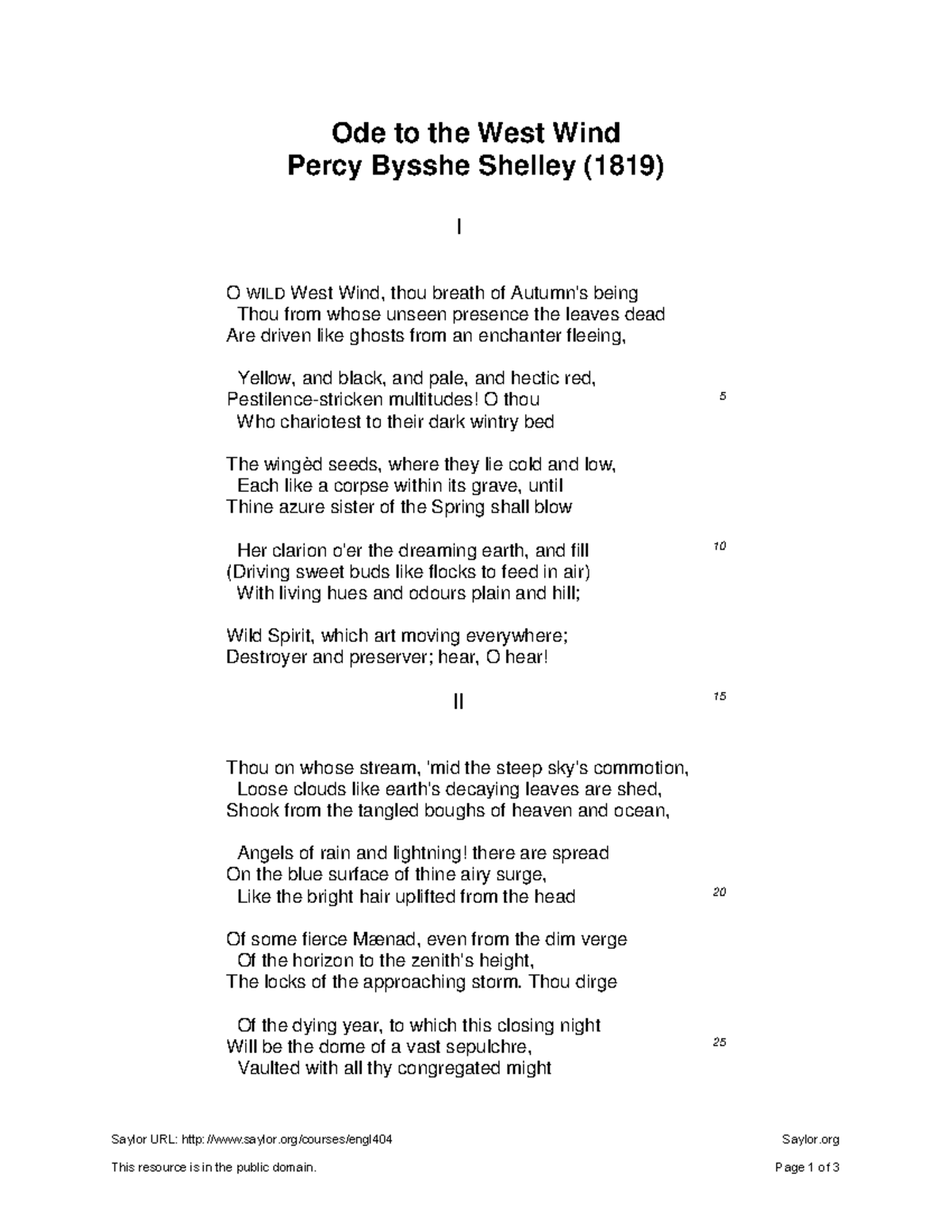 ENGL404 Shelley Ode to the West Wind - Ode to the West Wind Percy ...