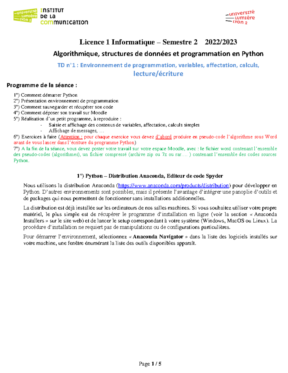 Cours 1 : Prise de notes sur l'Algorithmique et Python (TD n°1) - Studocu