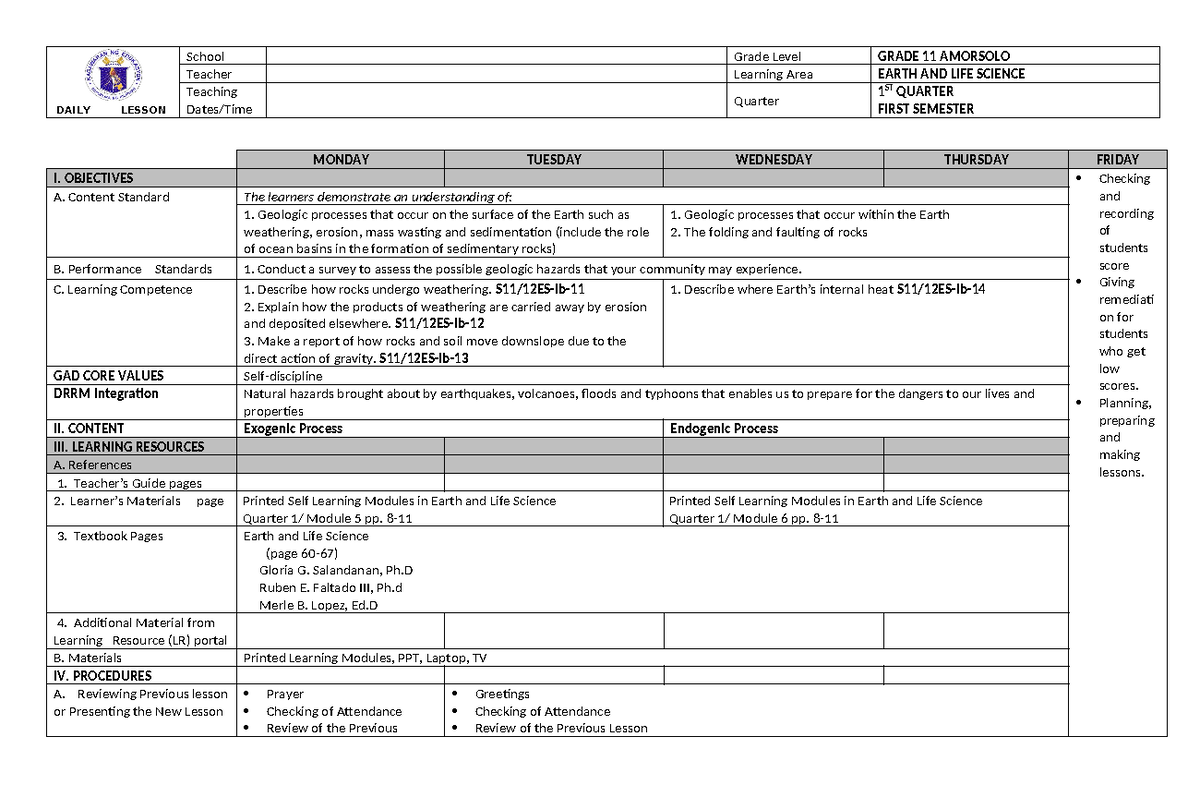 Earth and Life Science G11 Q1 Lesson Plans and Activities - Studocu