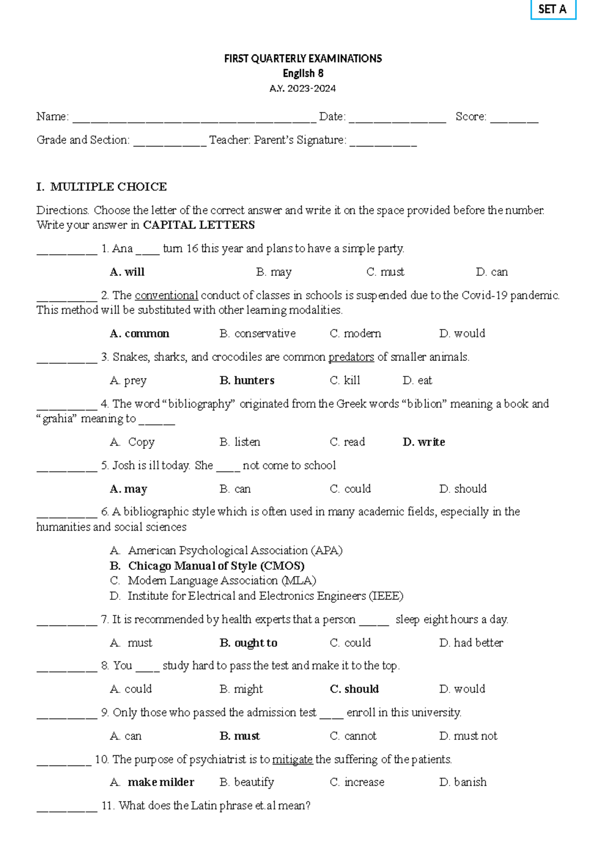 SET A FIRST QUARTERLY EXAMINATION English 8 A.Y. 2023 - Studocu