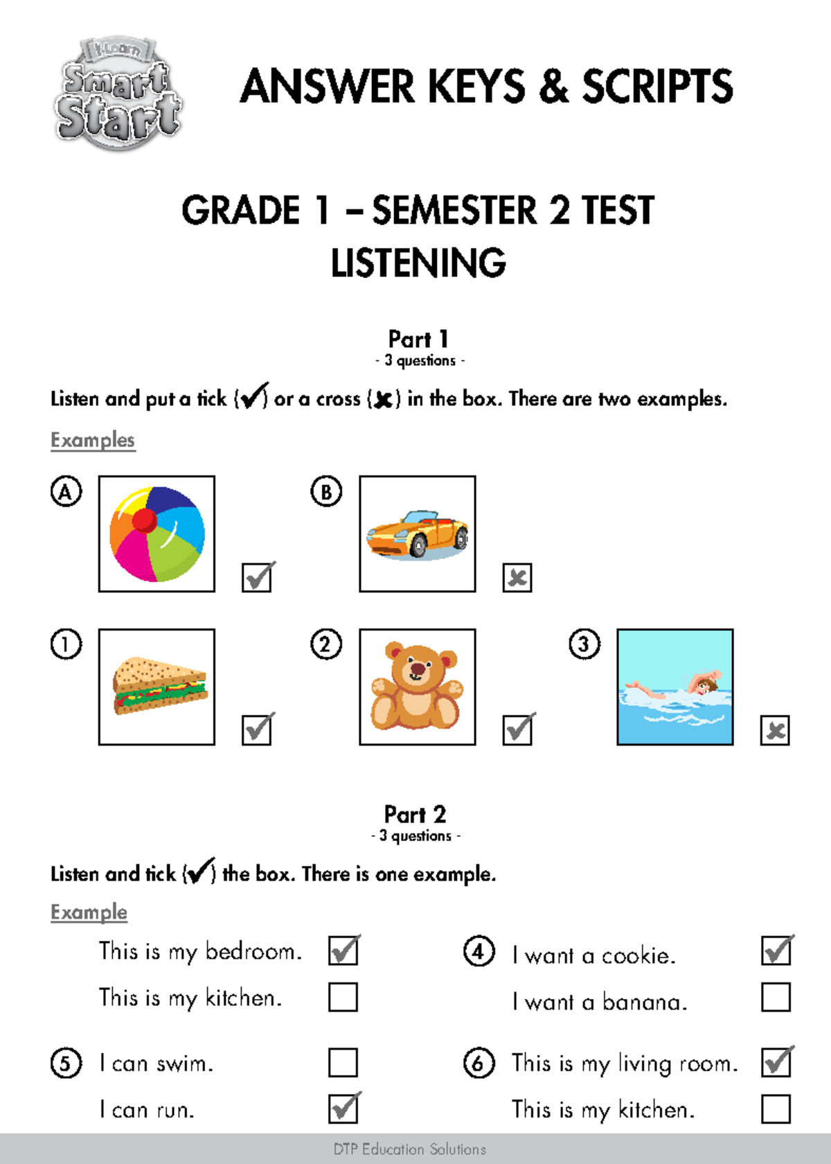 ANSWER KEY GRADE 1 SEMESTER 2 LISTENING TEST (Part 1-4) - Studocu