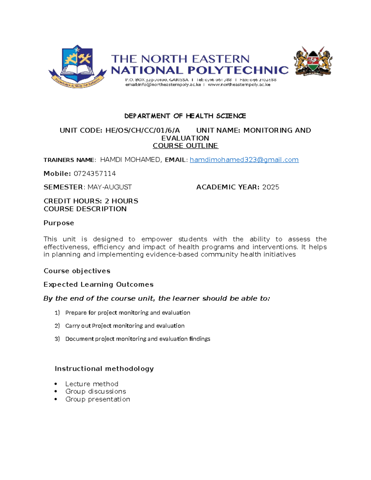 M&E Course Outline - Health Science Unit Code: [Insert Code] - Studocu