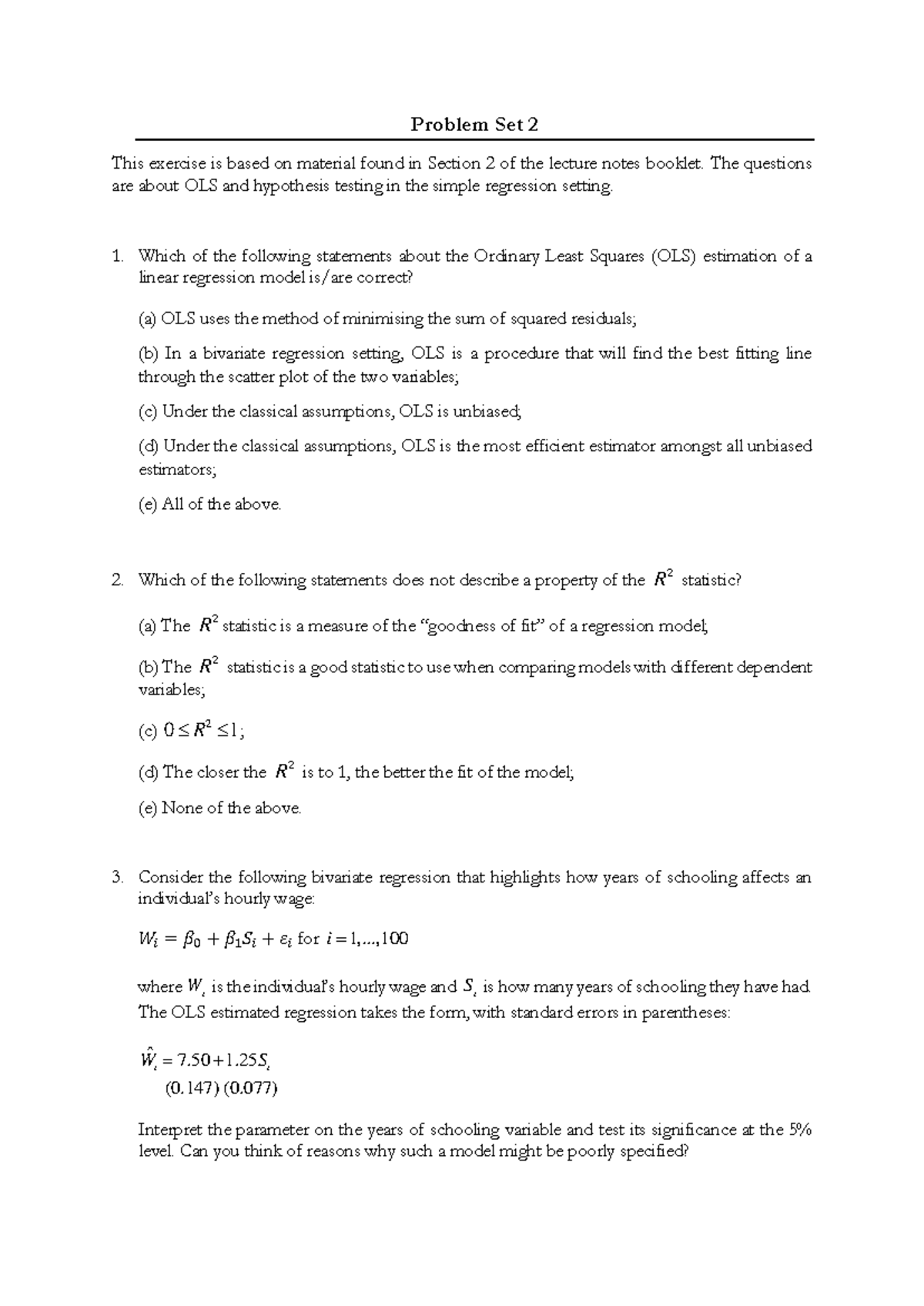 Problem Set 2: OLS and Hypothesis Testing in Regression Analysis - Studocu