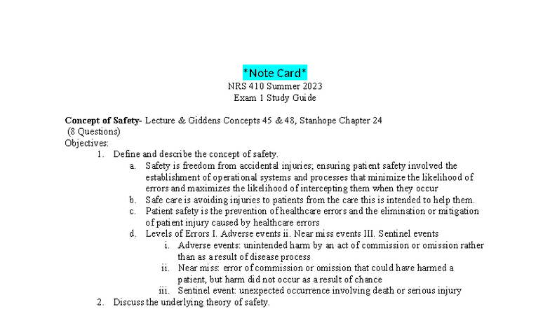 NRS 410 Summer 2023 Exam 1 Study Guide: Safety & Quality Concepts - Studocu