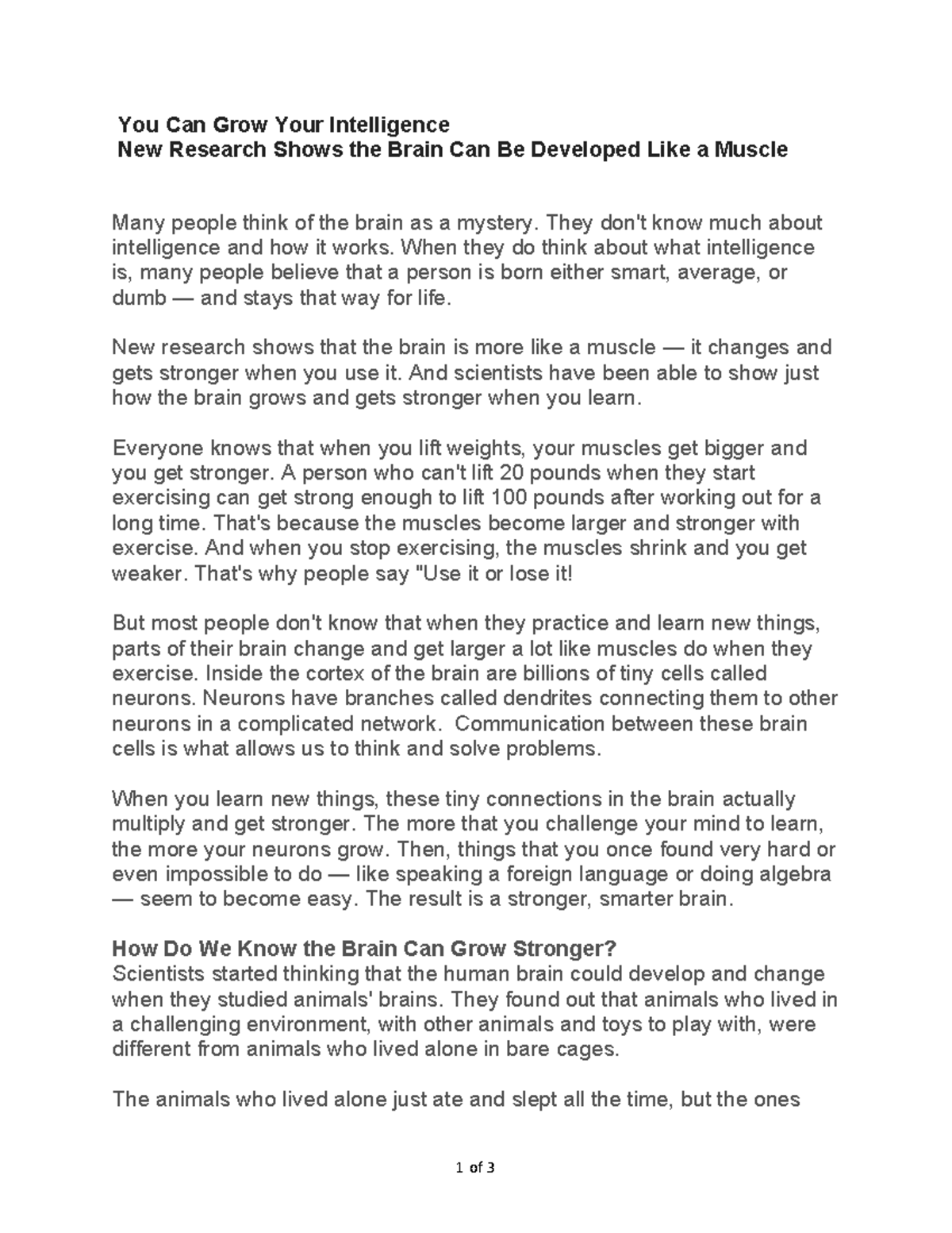 Growth Mindset Article - 1 of 3 You Can Grow Your Intelligence New ...