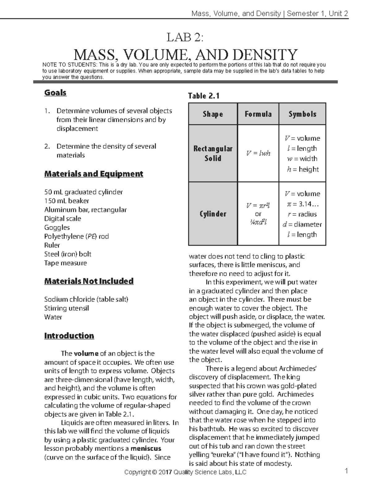 Chemistry Lab 2: Mass, Volume, and Density - Semester 1 Unit 2 - Studocu
