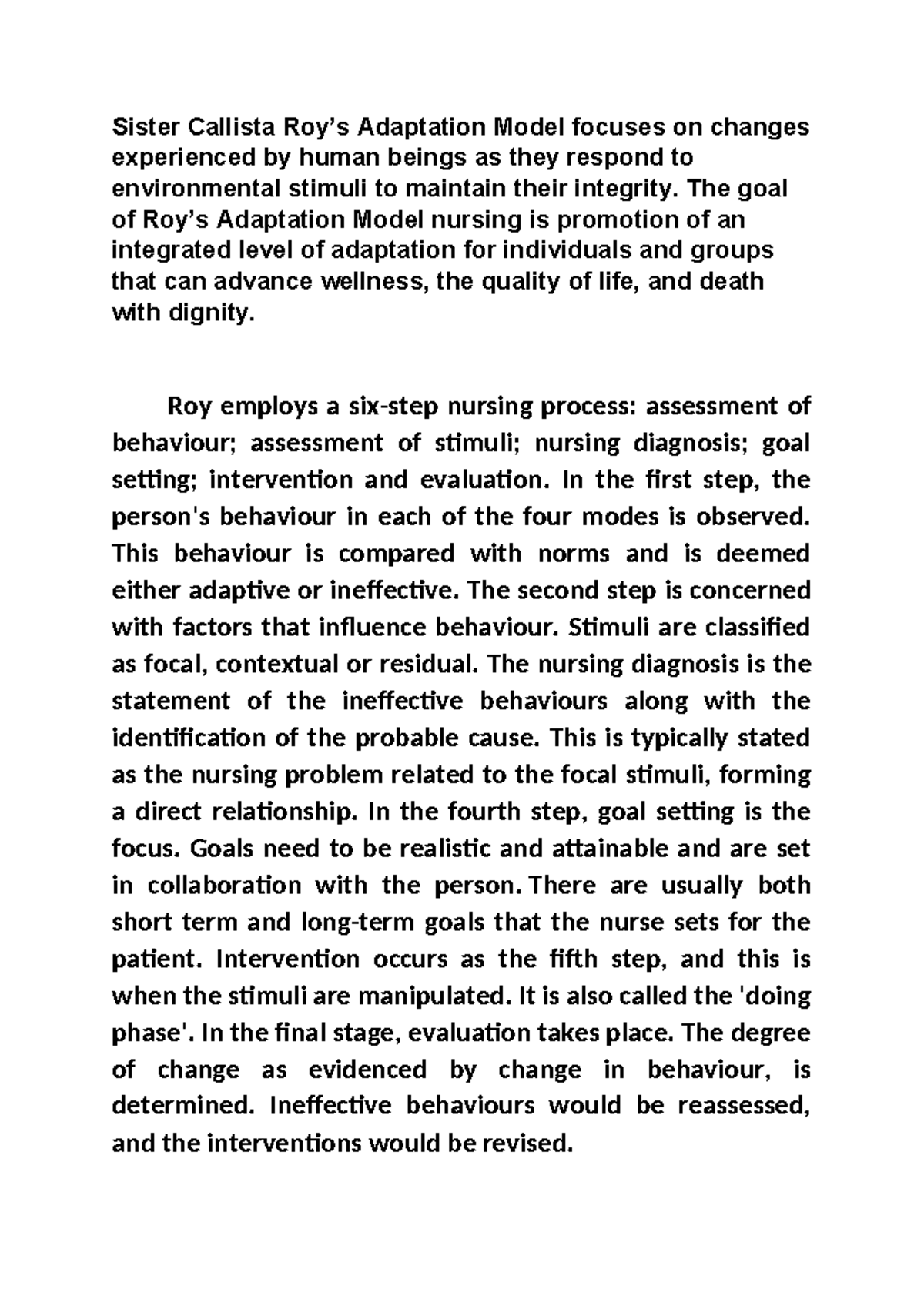 Sister Callista Roy's Adaptation Model: Nursing Process Overview - Studocu