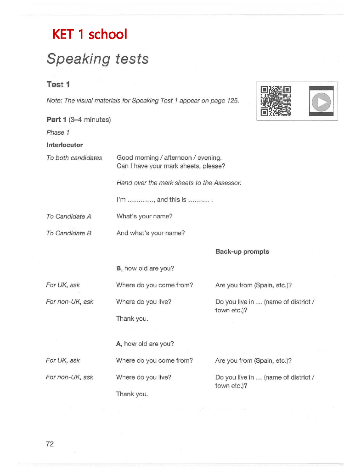 KET 1 School Speaking Tests Overview and Prompts - Studocu