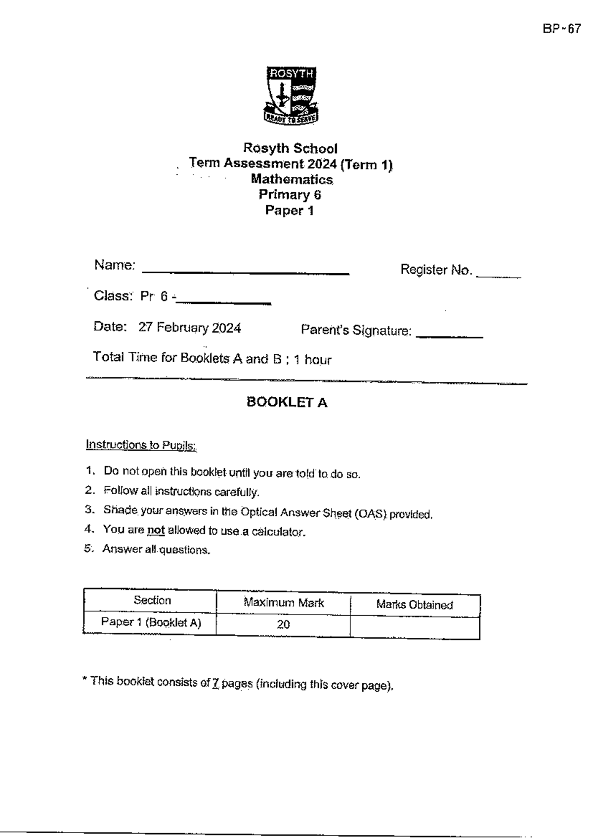P6 Maths 2024 WA1 Rosyth School Term Assessment (Term 1) - Studocu