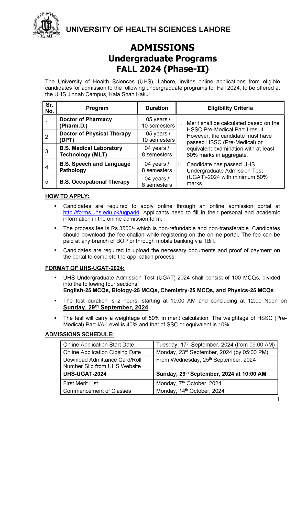 Admissionsugfall 2024 - 1 UNIVERSITY OF HEALTH SCIENCES LAHORE ADMISSIONS Undergraduate Programs ...