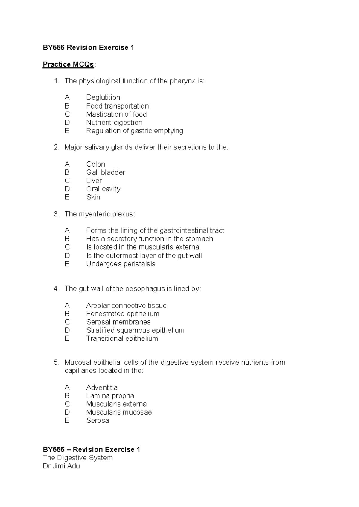 BY566 Revision Exercise 1: Practice MCQs on The Digestive System - Studocu