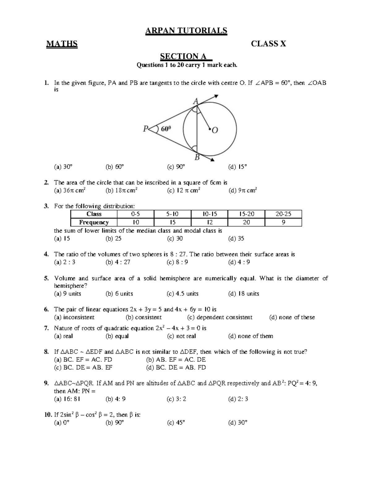 Maths Class X Sample Paper - ARPAN TUTORIALS (Section A) - Studocu
