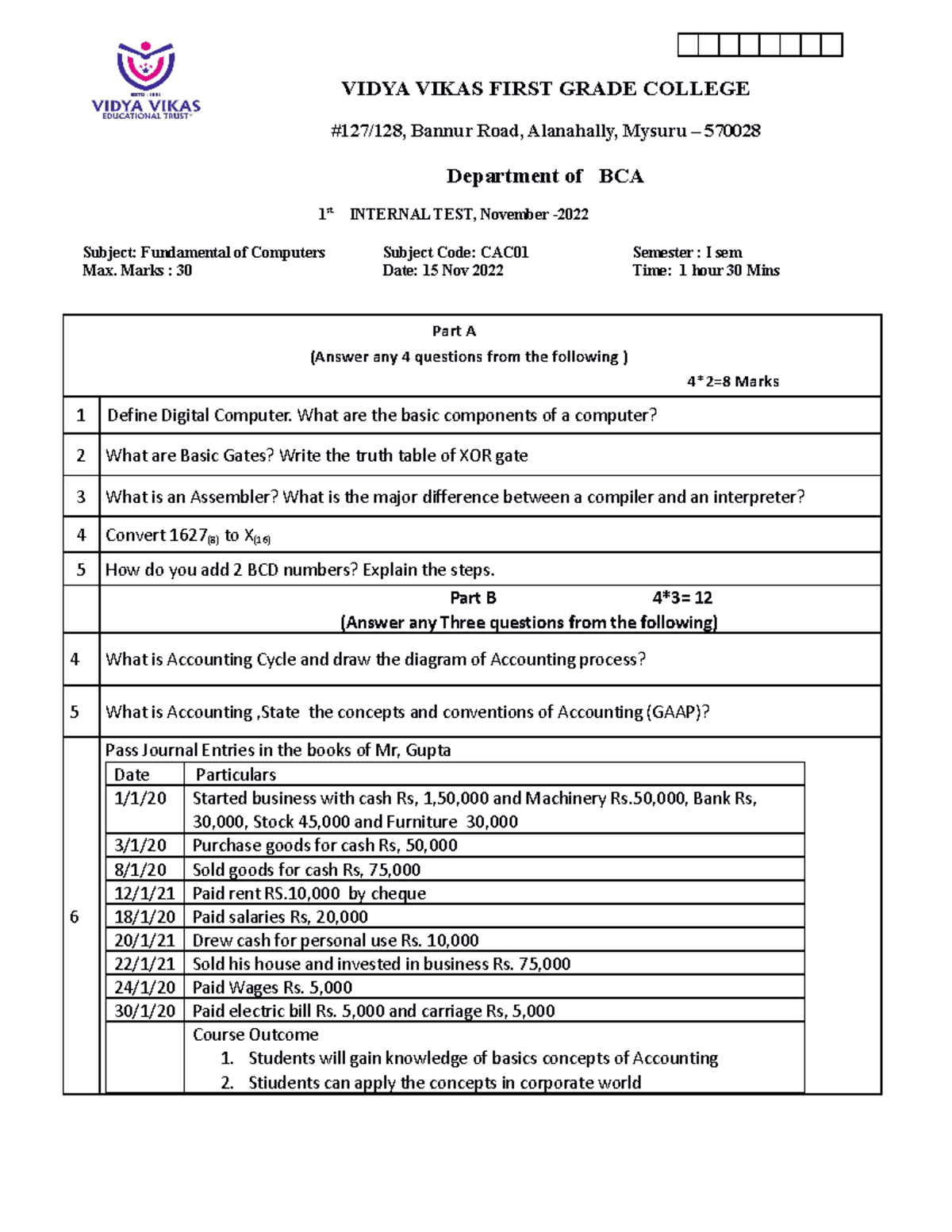 BCA 1st Sem Internal Test QP - Fundamentals of Computers NEP 22-23 ...