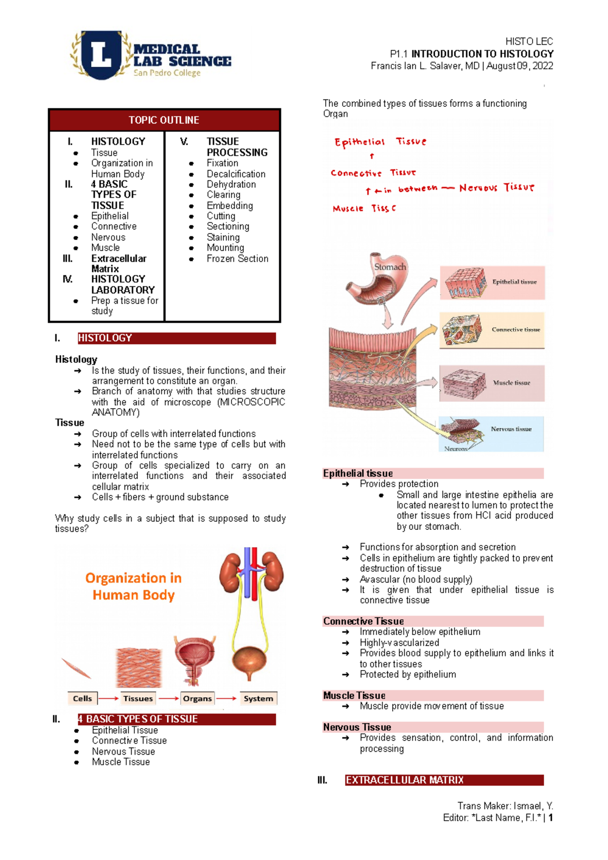 P1.1 Introduction TO Histology - P1 INTRODUCTION TO HISTOLOGY Francis ...