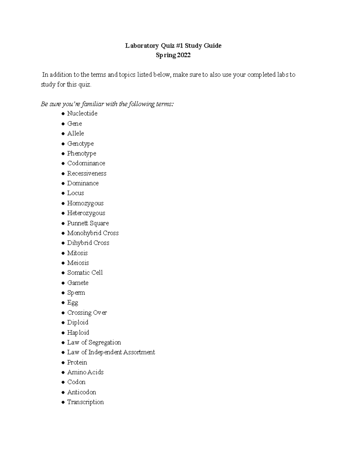Lab Quiz #1 Study Guide - Spring 2022 - Studocu