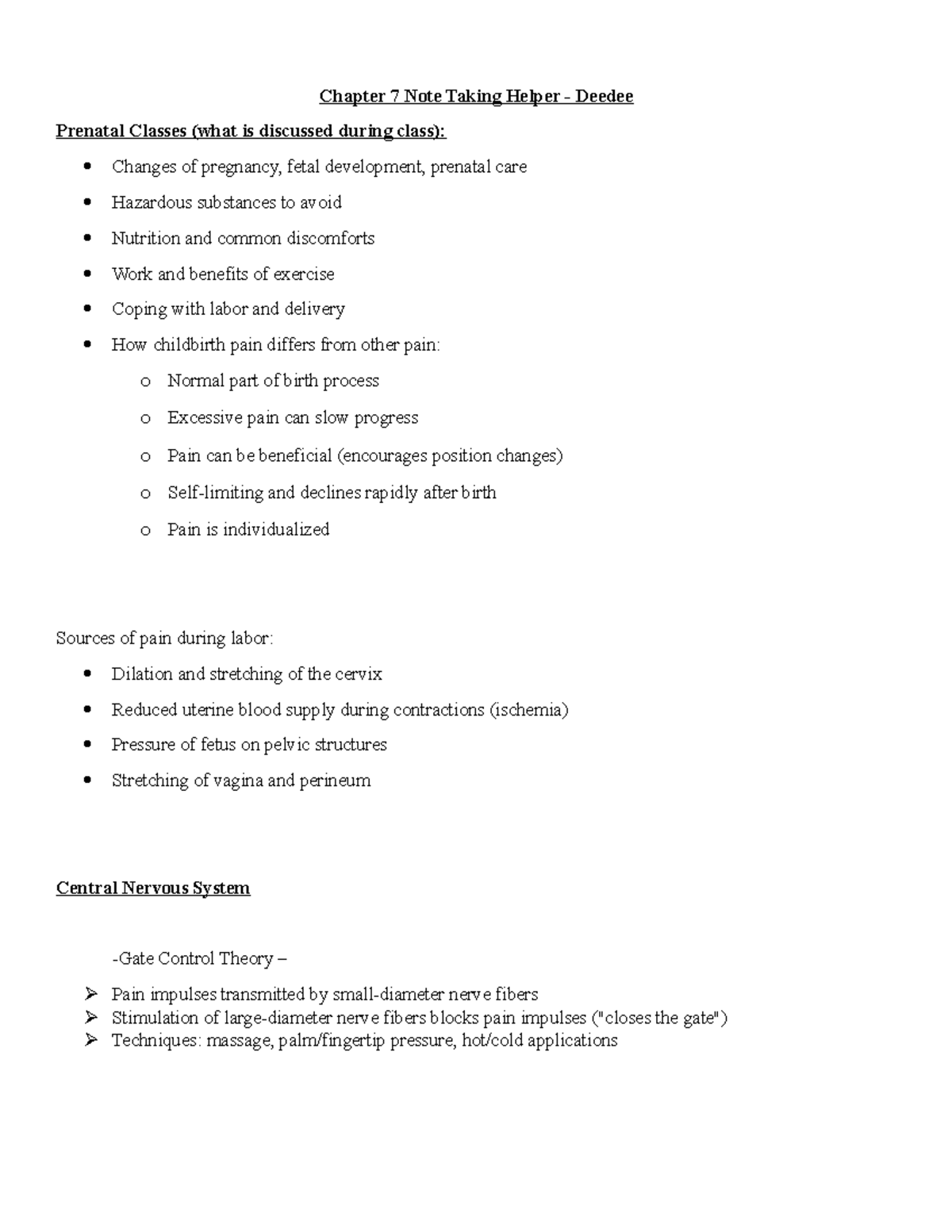 Chapter 7 Notes: Prenatal Classes on Labor Pain & Relief Techniques ...