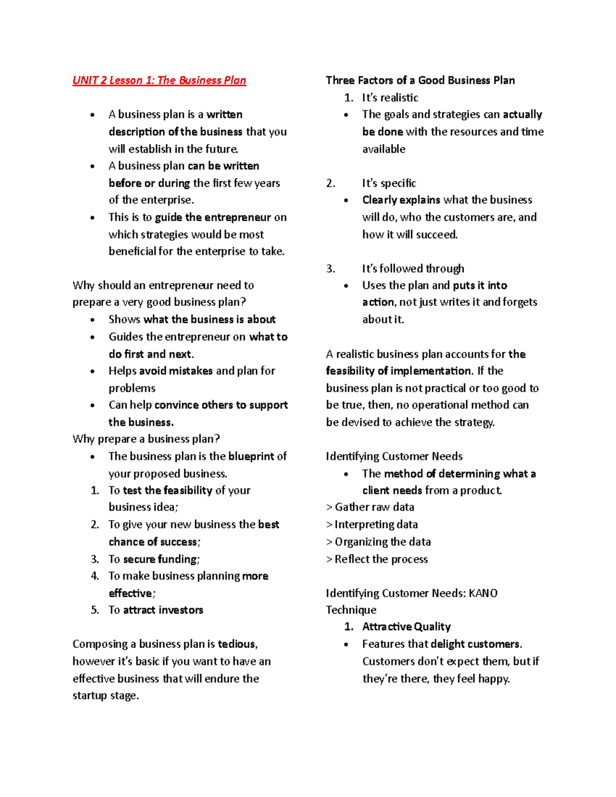UNIT 2 Lesson 1: Crafting an Effective Business Plan - Studocu