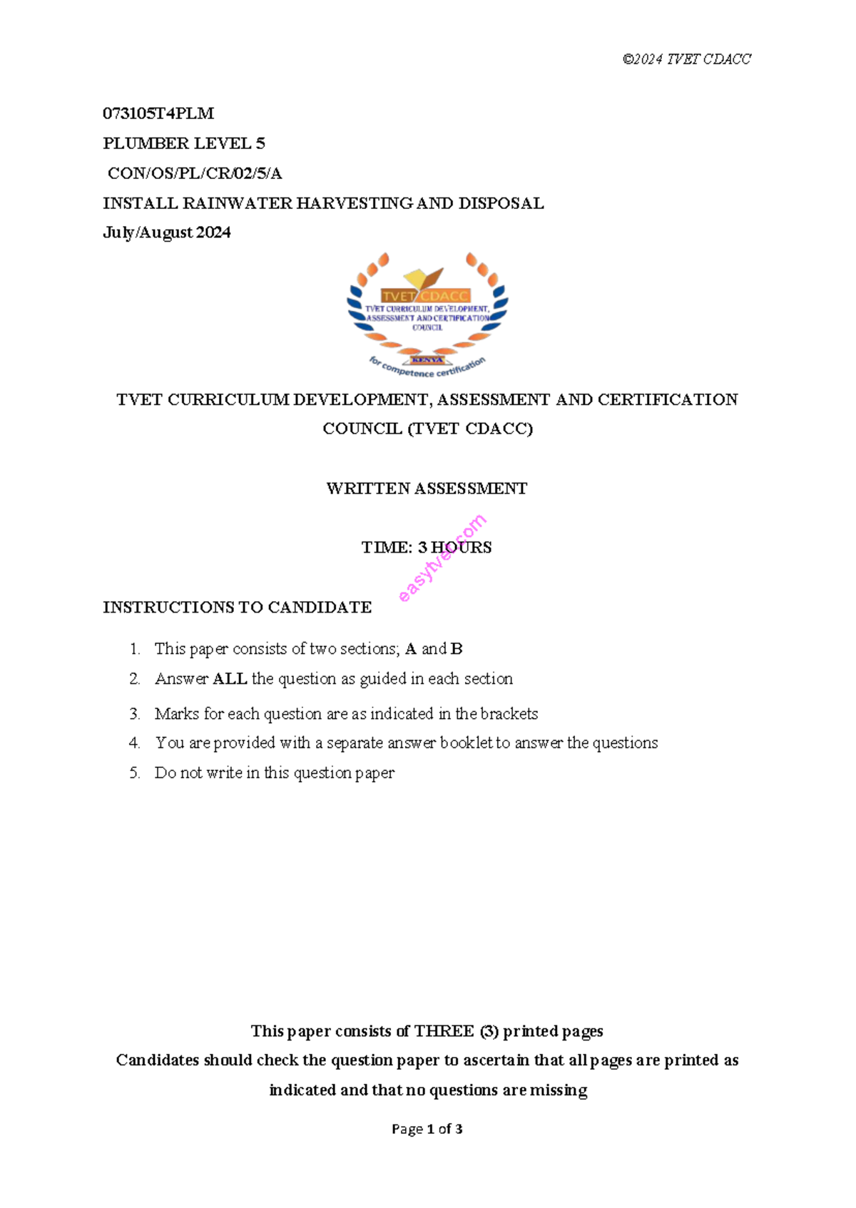 TVET CDACC 073105T4PLM Plumber Level 5 Rainwater Harvesting Exam Notes ...