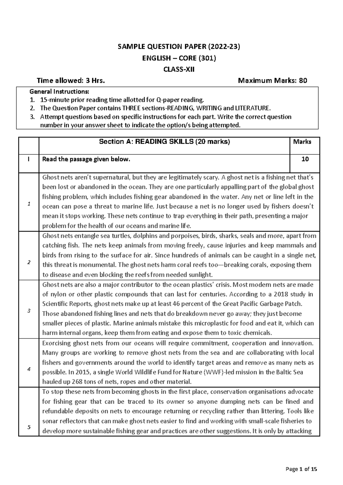 ENGLISH CORE (301) - Class XII - Practice Materials for SQP - Studocu