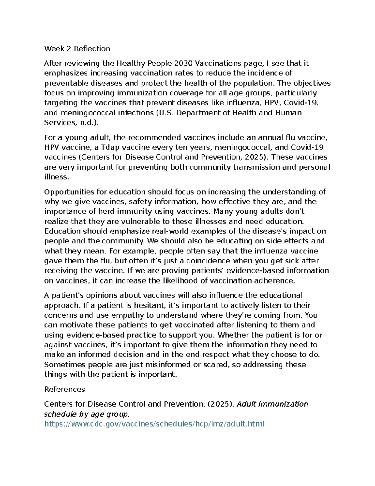 Week 2 Reflection on Vaccination Education - NR511 - Studocu