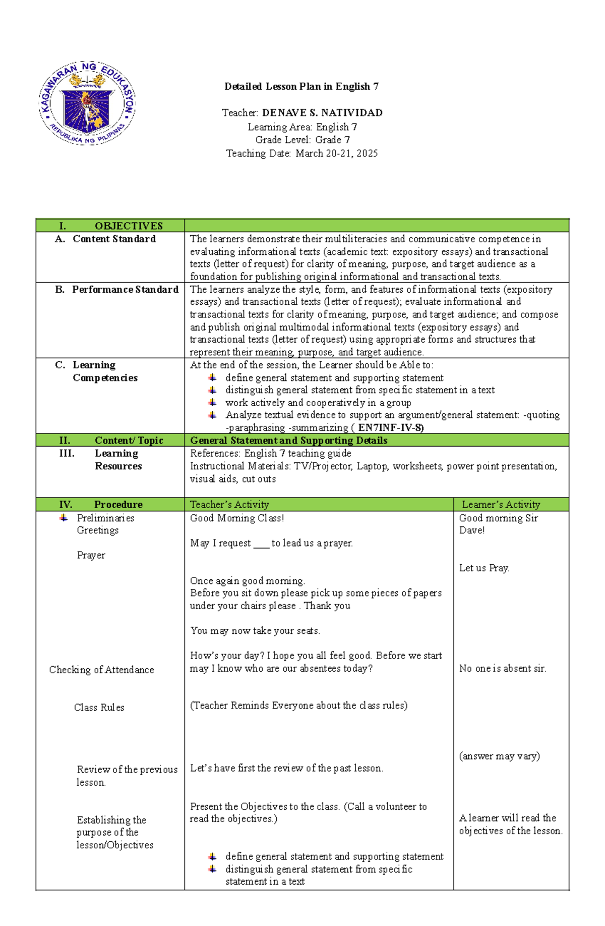 Detailed Lesson Plan: General & Specific Statements (ENG 7) - Studocu