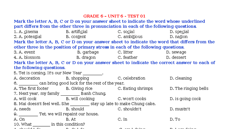 Unit 6 Grade 6 Test 01: Pronunciation and Vocabulary Exercises - Studocu
