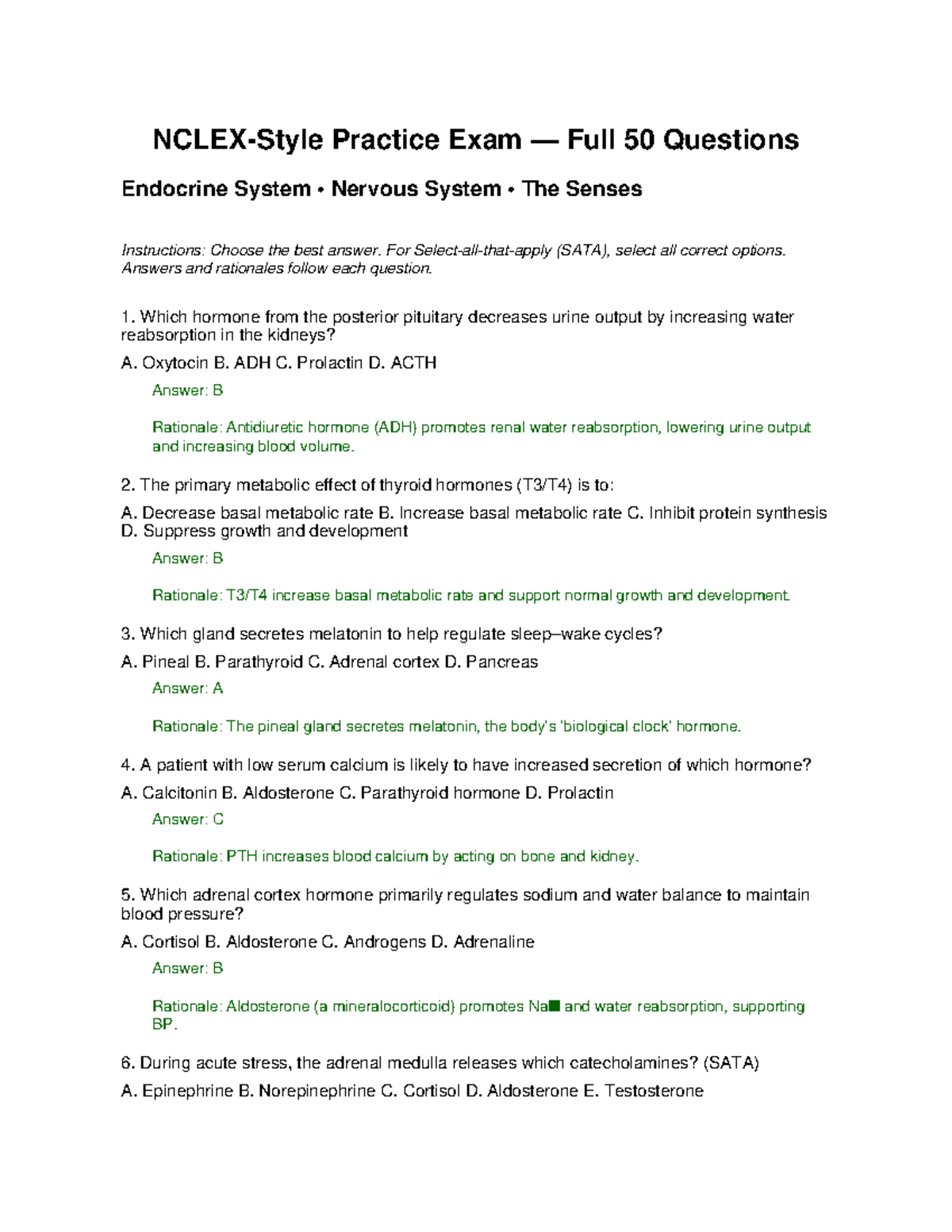 NU110 Final Exam Practice: 50 Questions on Endocrine & Nervous Systems ...