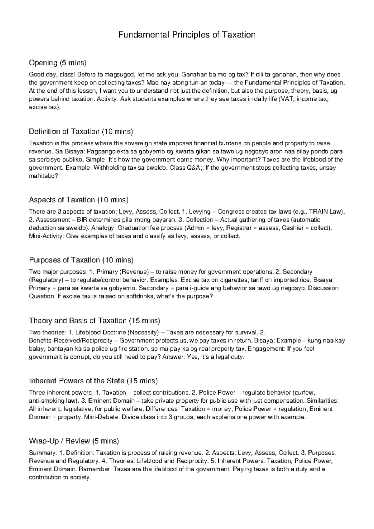 Fundamental Principles of Taxation Lecture Notes (Tax 101) - Studocu