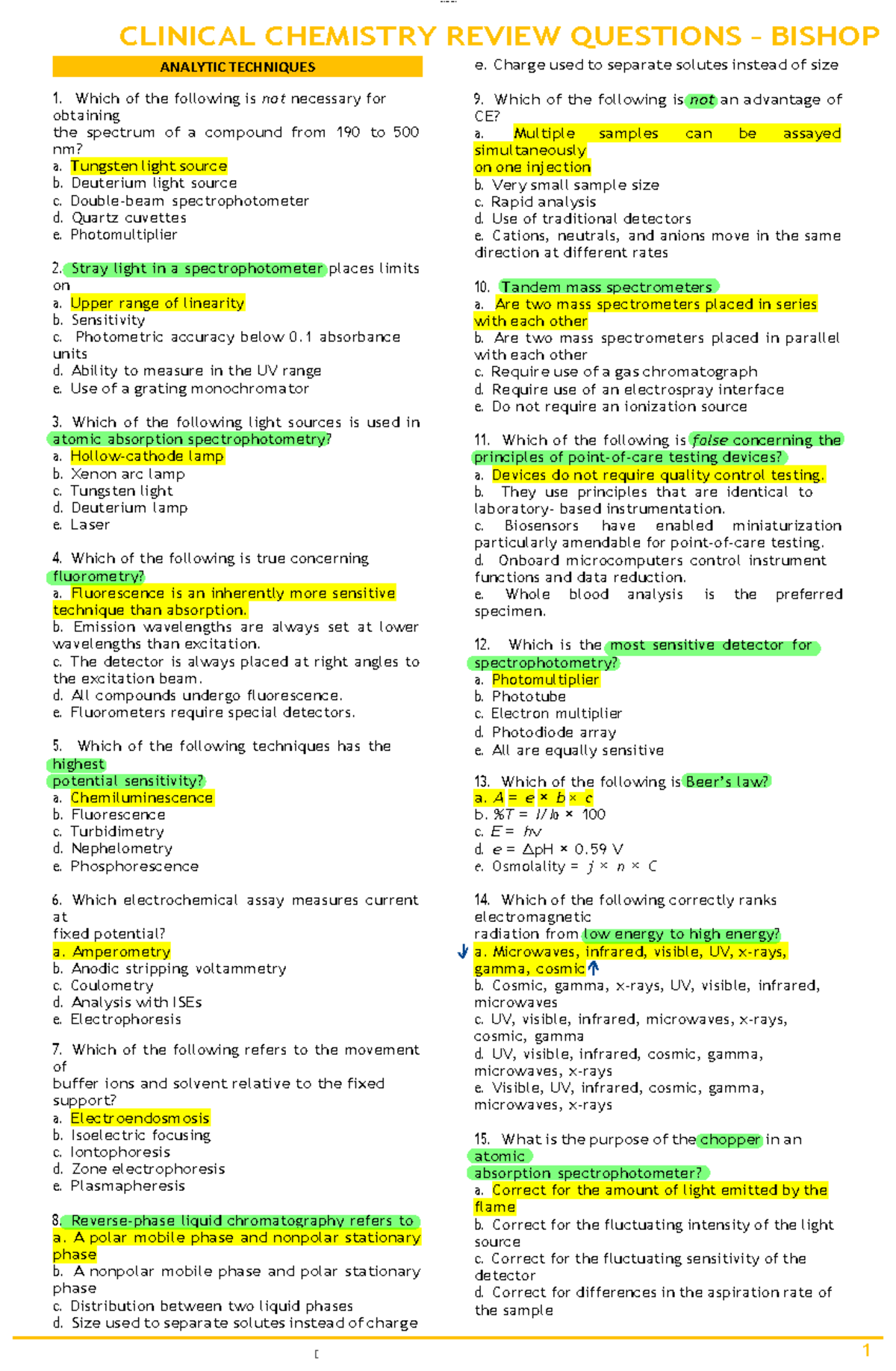 Clinical Chemistry Review Questions (Answer Key) - Bishop - Studocu