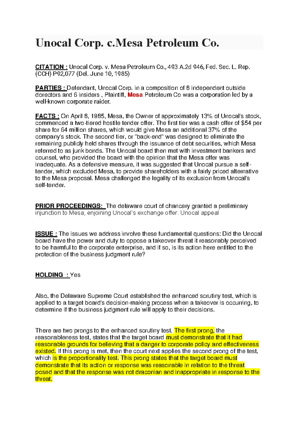 Unocal Corp. v. Mesa Petroleum Co. Case Study: Legal Insights - Studocu