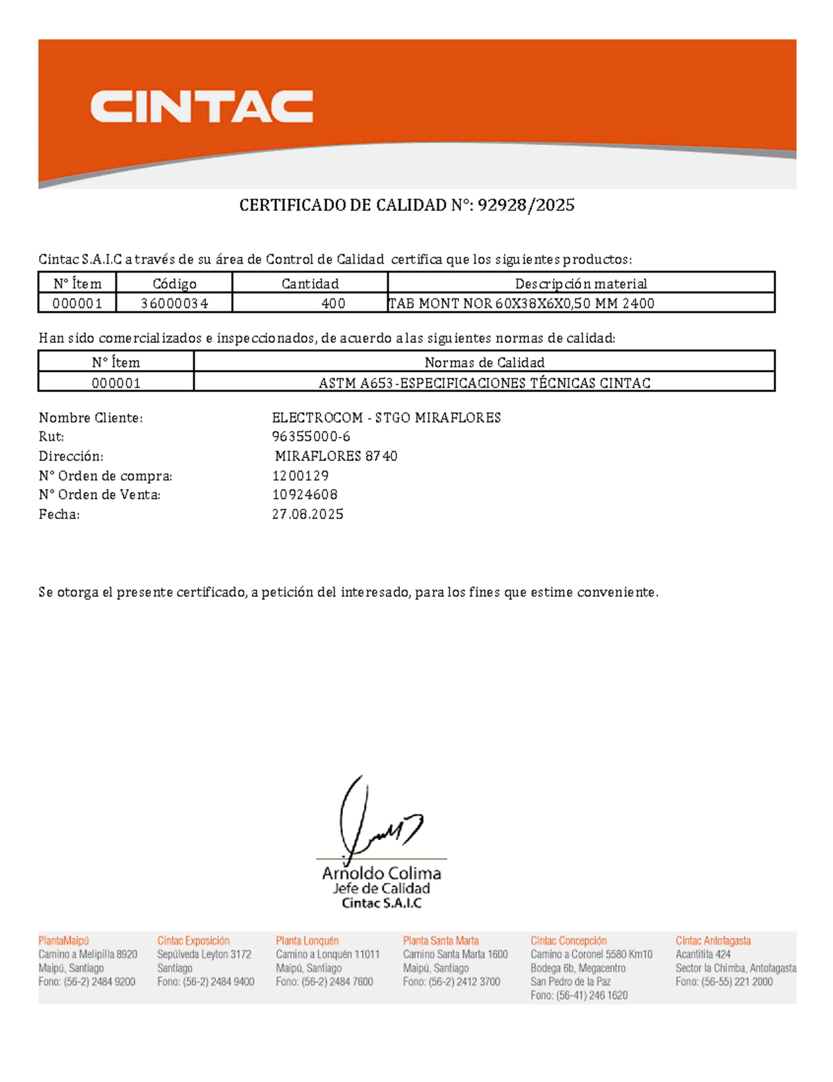 Certificado tab montante 60x38x6x0.5x2.40 -1 - CERTIFICADO DE CALIDAD N ...