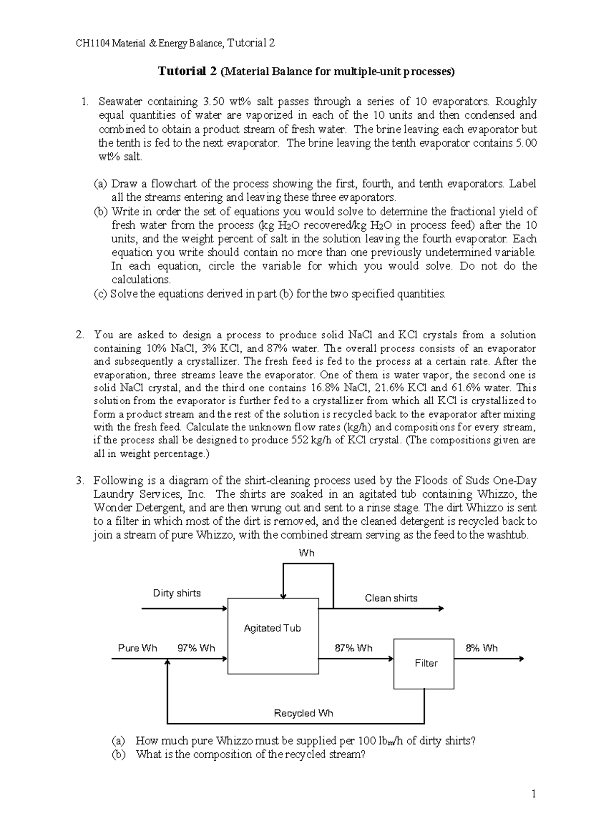 CH1104 MB Tut 2 Q&A 2022 - tut qn - CH1104 Material & Energy Balance ...