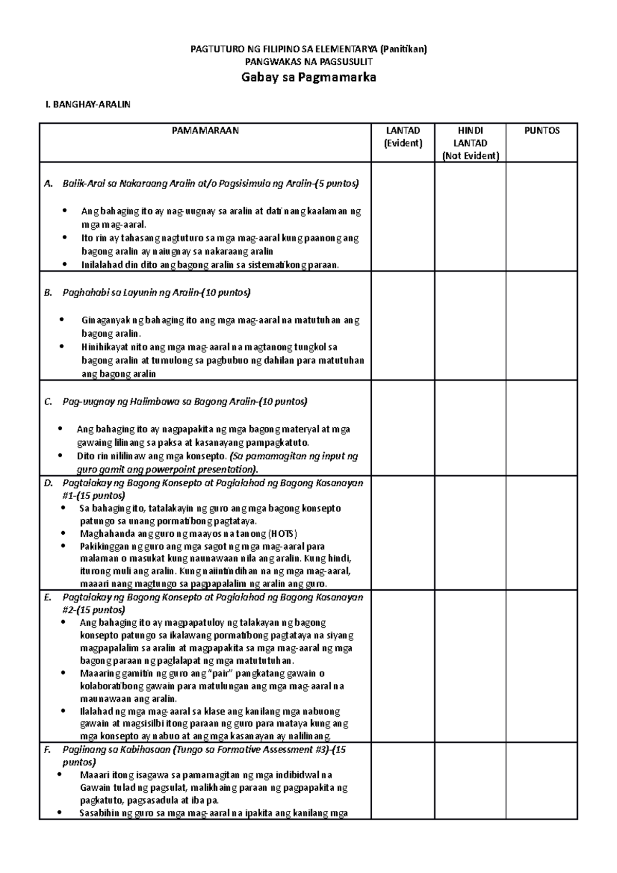 Gabay sa Pagmamarka sa Pangwakas na Pagsusulit ng FIL 101 - Studocu