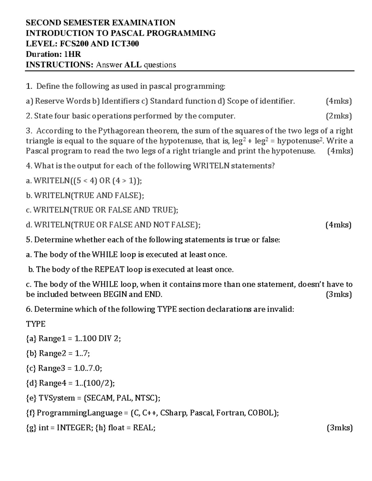 EXAM: FCS200 & ICT Introduction to Pascal Programming Concepts - Studocu