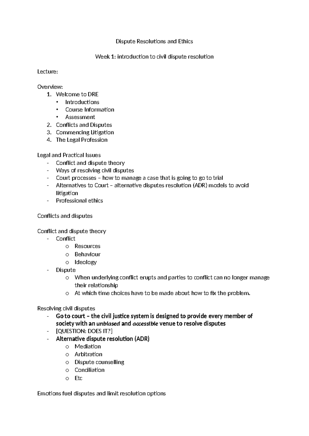 DRE 101: Week 1 Lecture Notes on Civil Dispute Resolution - Studocu