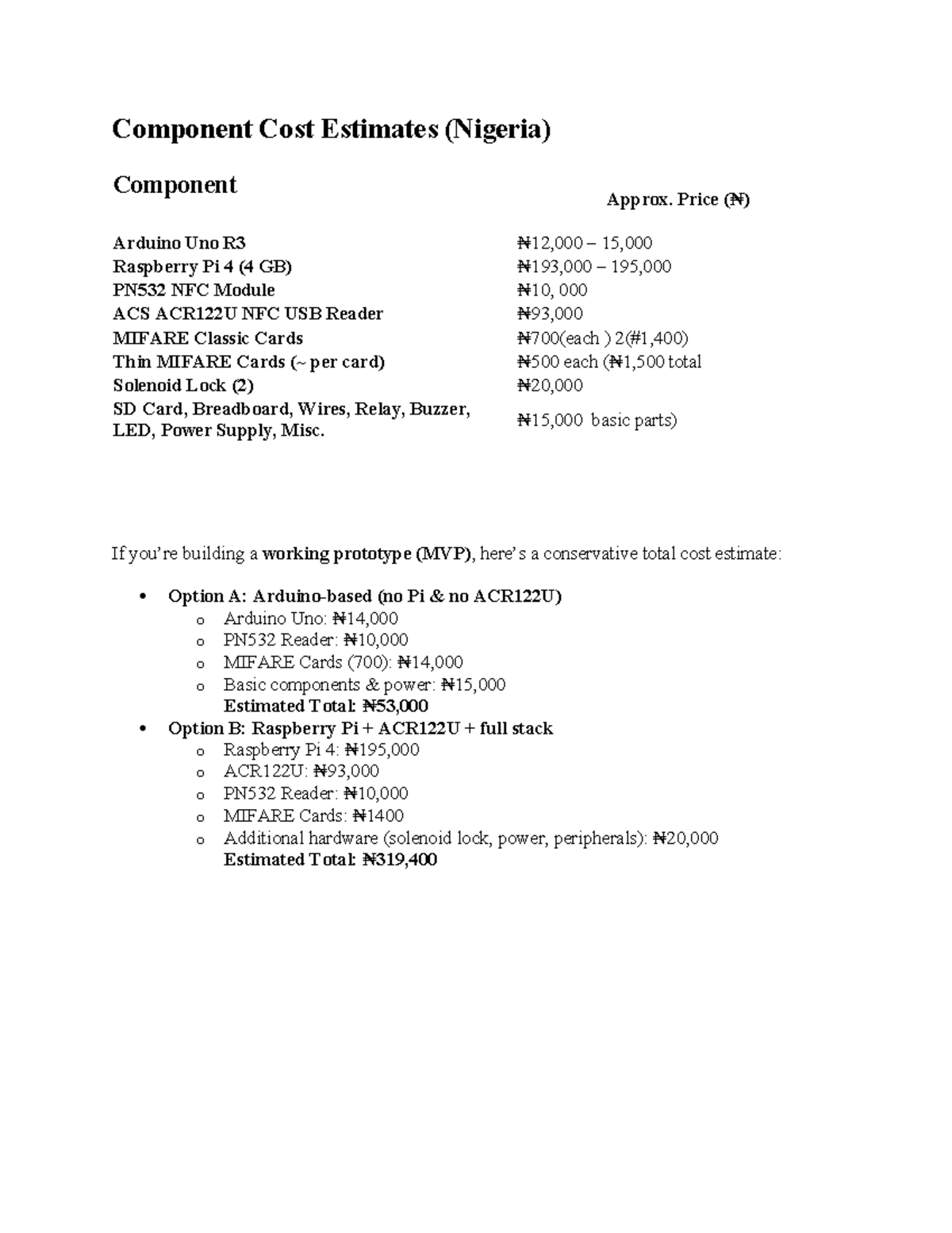Component Cost Estimates for MVP: Arduino & Raspberry Pi - Studocu