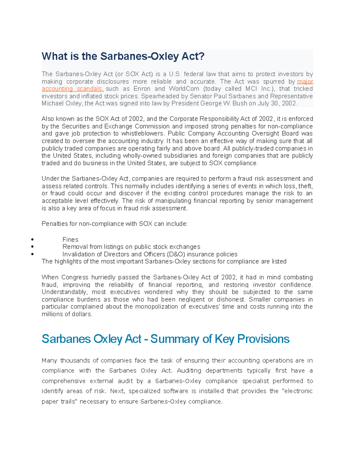 Sarbanes-Oxley Act of 2002: Key Provisions and Compliance Summary - Studocu