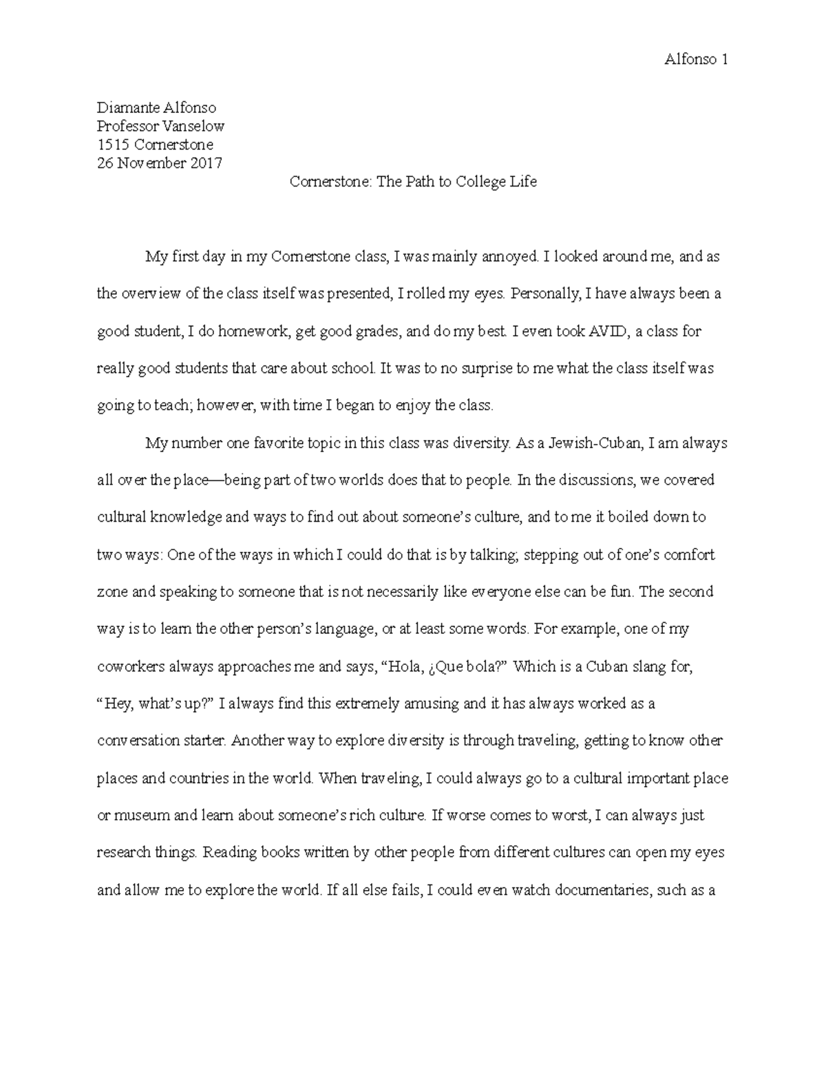 Final Essay - Assignment for Cornerstone - Alfonso 1 Diamante Alfonso ...