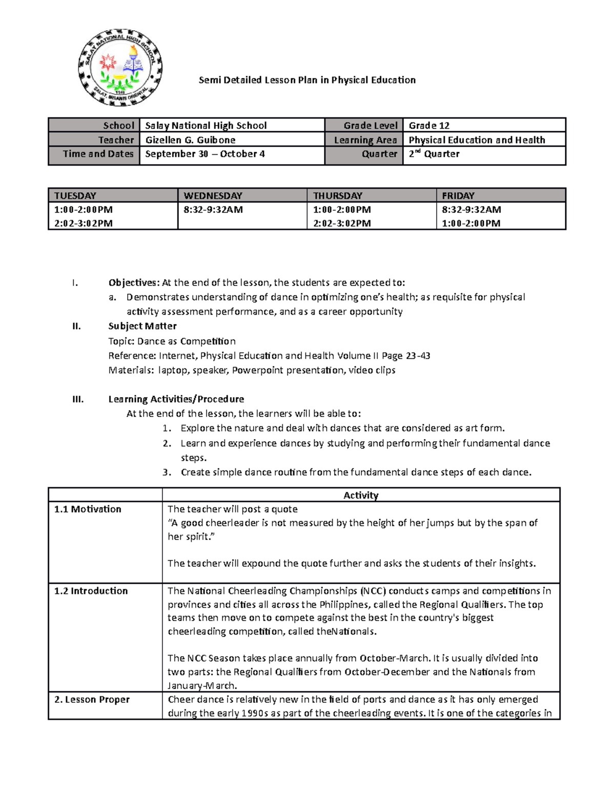DLP PE Grade 12 WEEK 2 - Daily Lesson Plan Sample on Dance Techniques ...