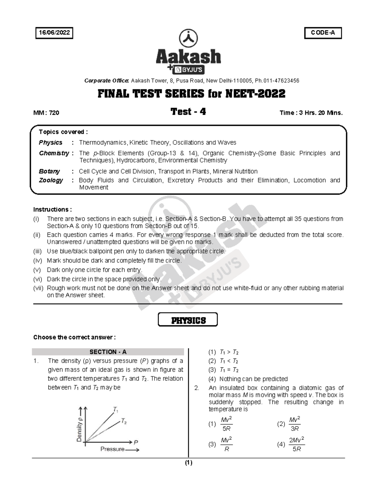 FTS 04: Final Test Series Questions on Physics, Chemistry, Botany, and ...