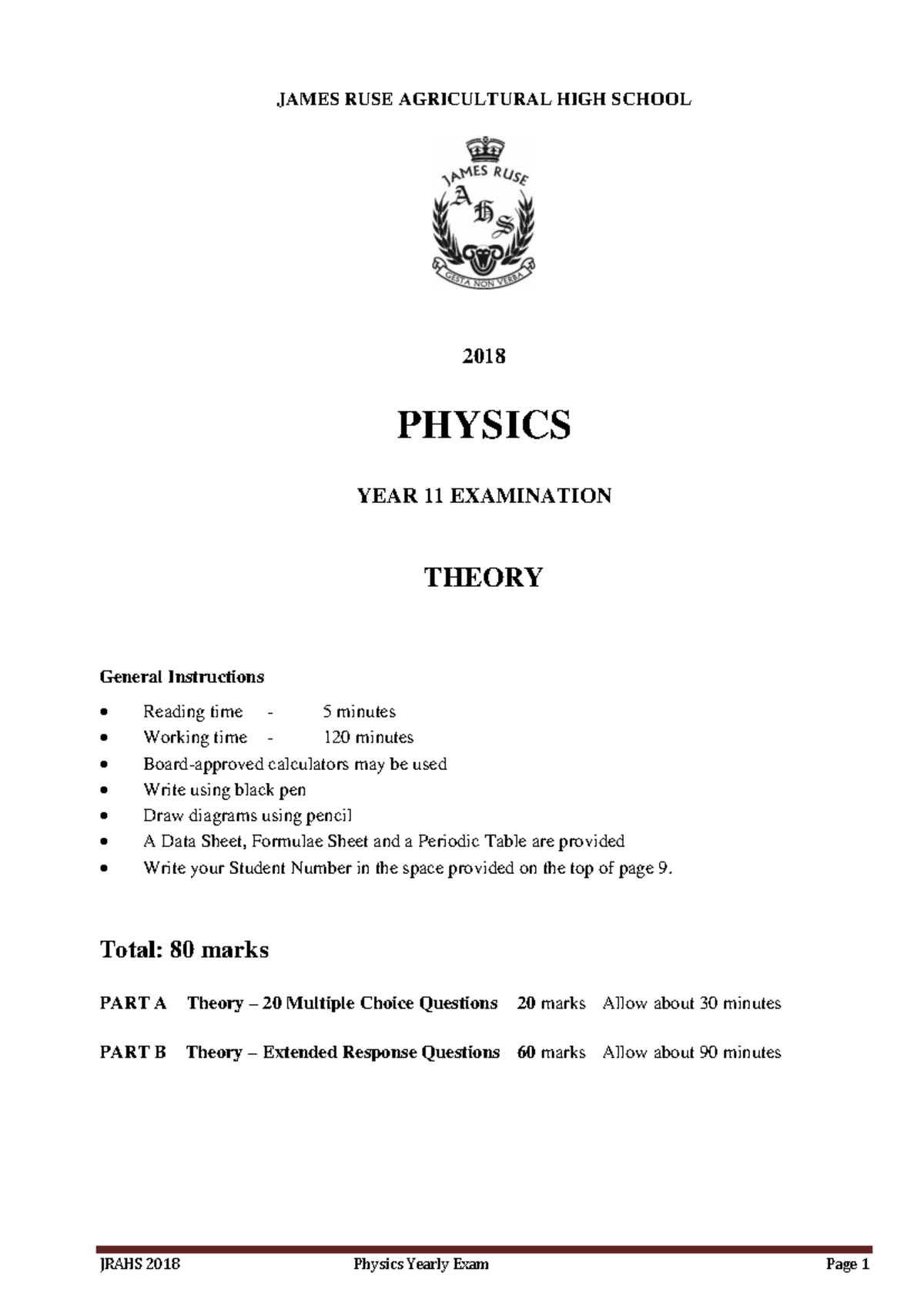 JRAHS 2018 Year 11 Physics Theory Exam Paper - Studocu