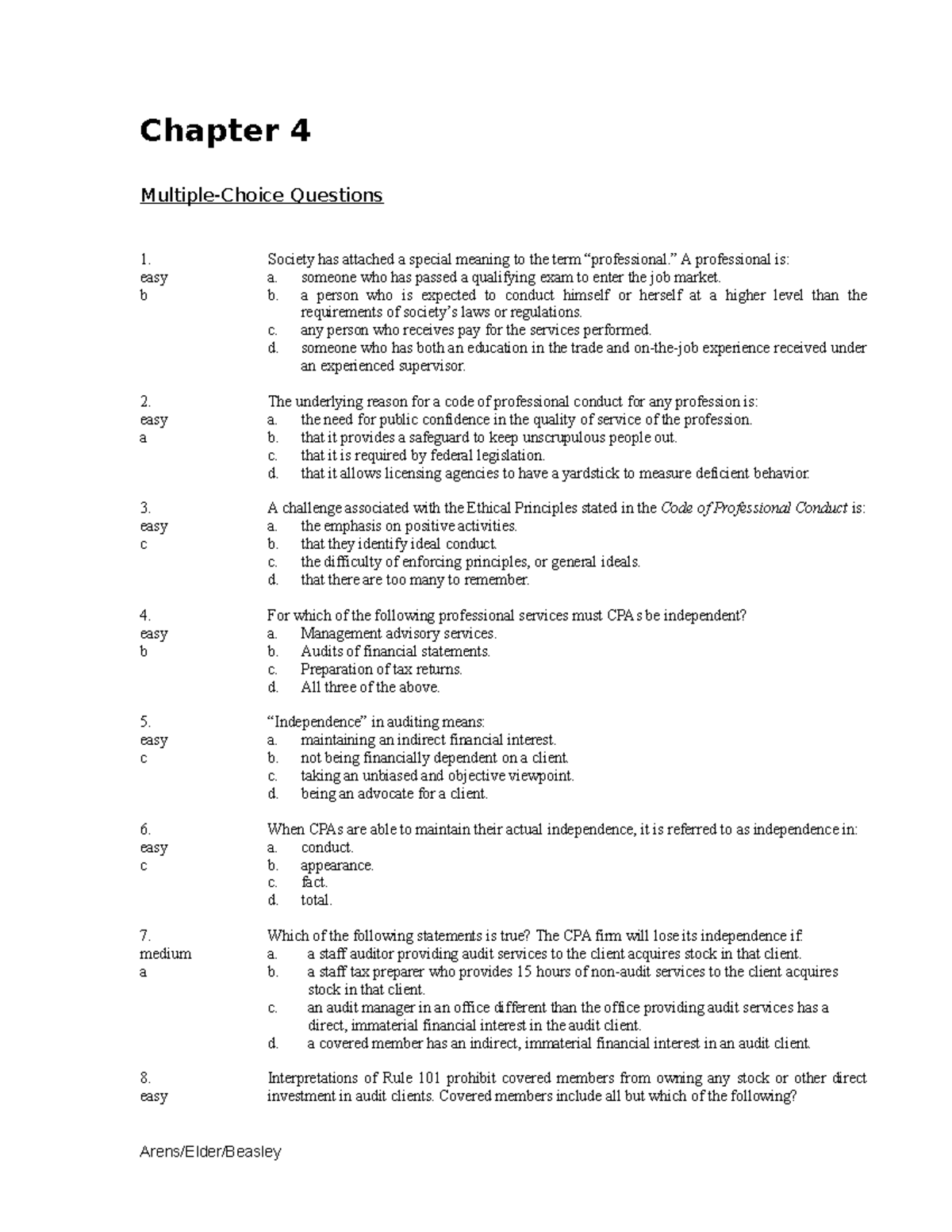 Chapter 04: Professional Ethics and CPAs - Multiple Choice Questions ...