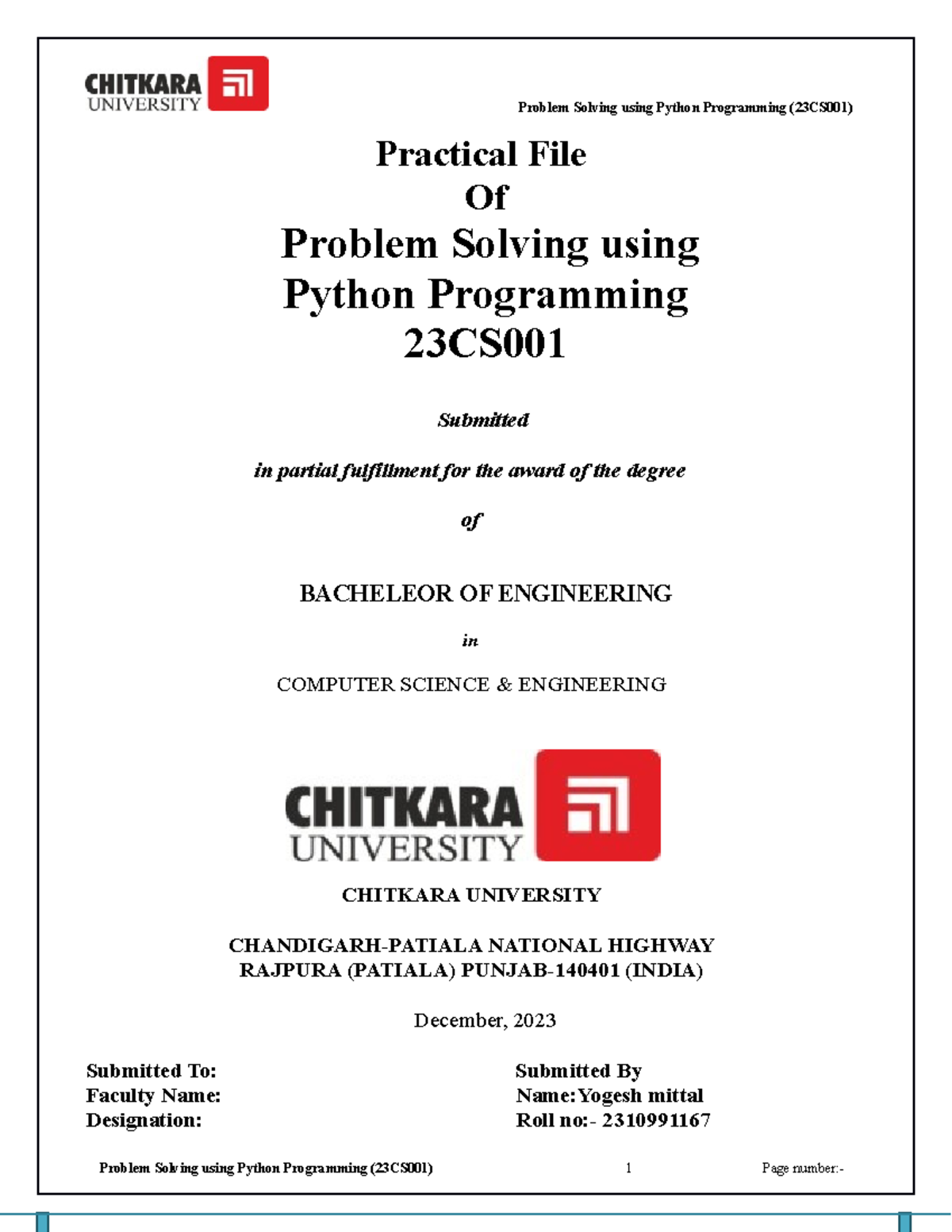 Practical File: Problem Solving Using Python Programming 23CS - Studocu