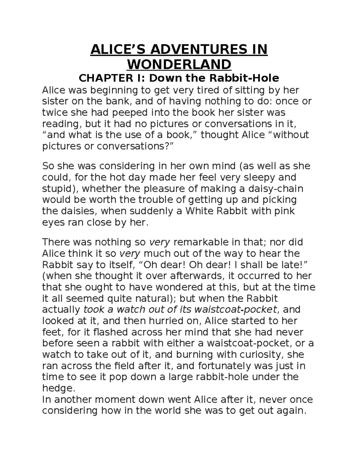 A4 - Adventures in Wonderland: Chapter I Summary - Studocu
