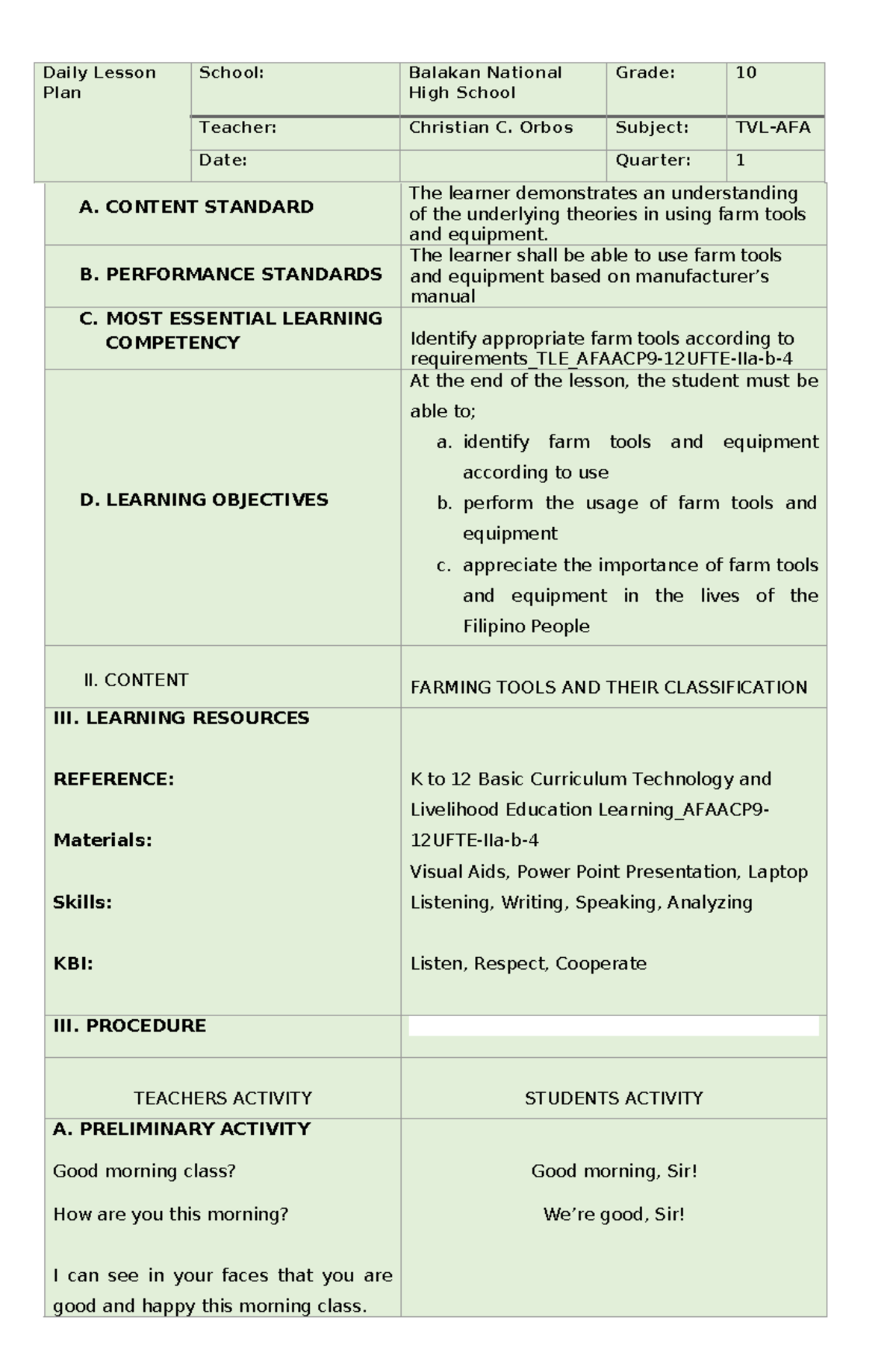 Daily Lesson Plan: Farming Tools & Equipment (Grade 10) - Studocu