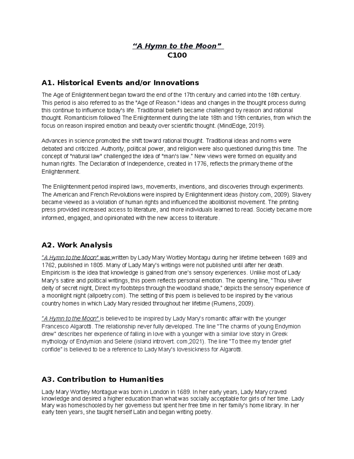 "Introduction to Humanities - C100 PA: Analysis of 'A Hymn to the Moon ...