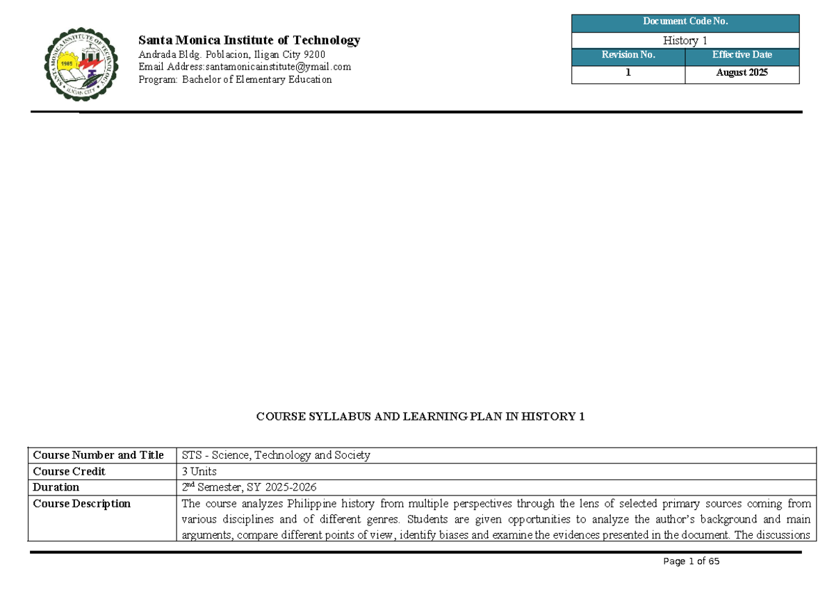 HIST 1: Course Syllabus and Learning Plan for History 1 - Studocu